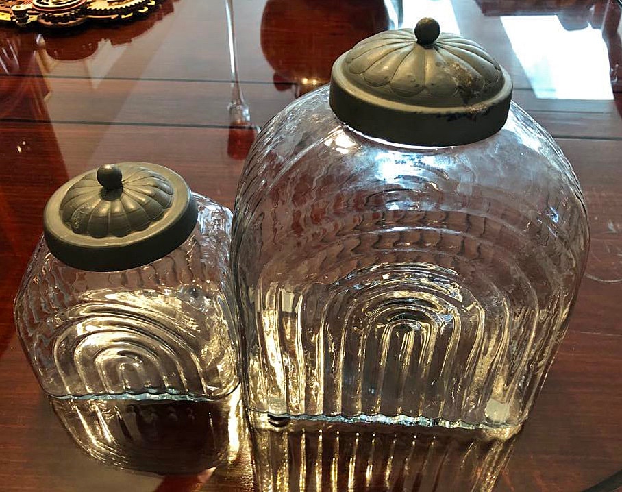 Pair of Art Deco Glass Kitchen Counter Jars / Containers With Stylized ...