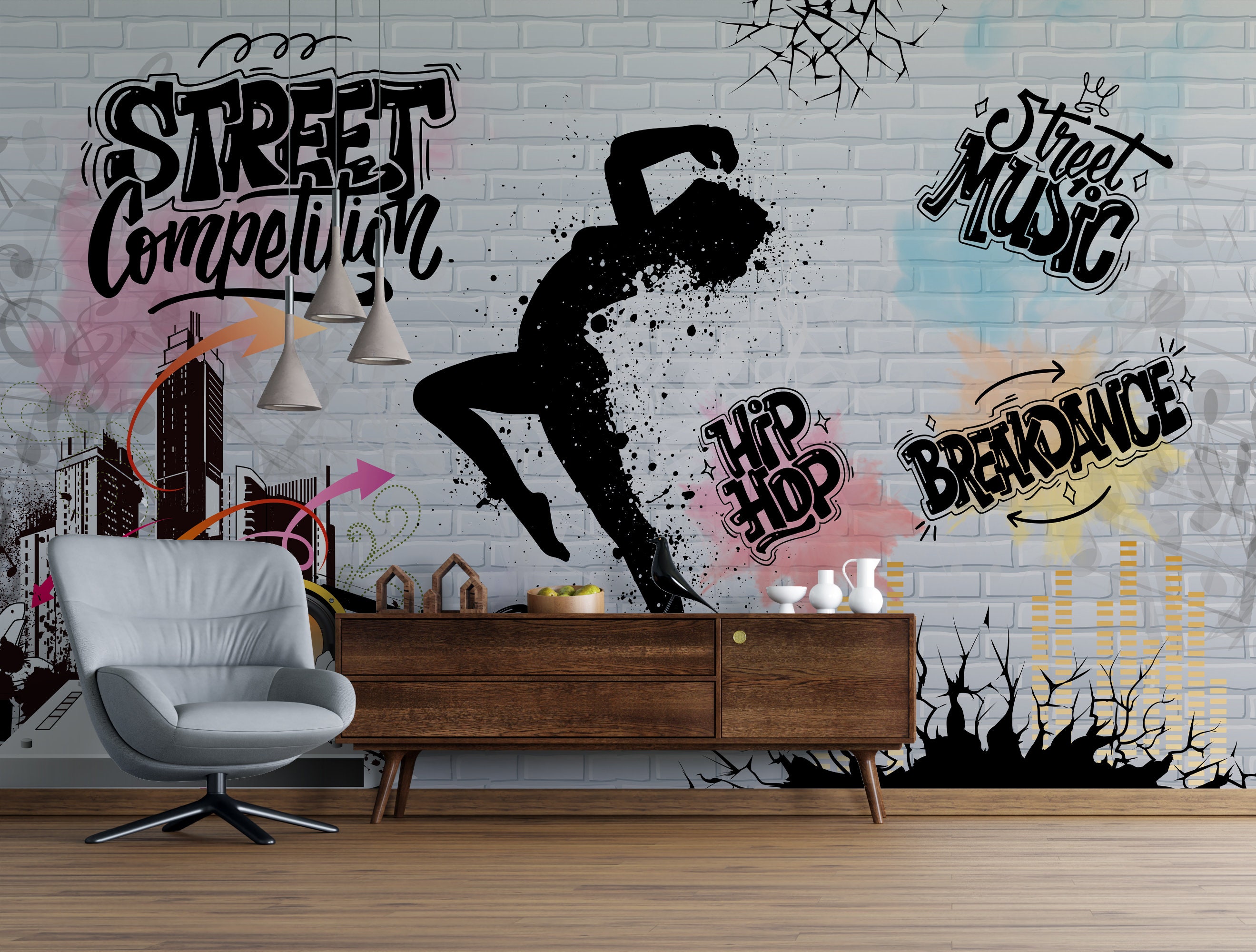 Custom Graffiti Mural: Dance School, Music Cafe Wallpaper - Etsy
