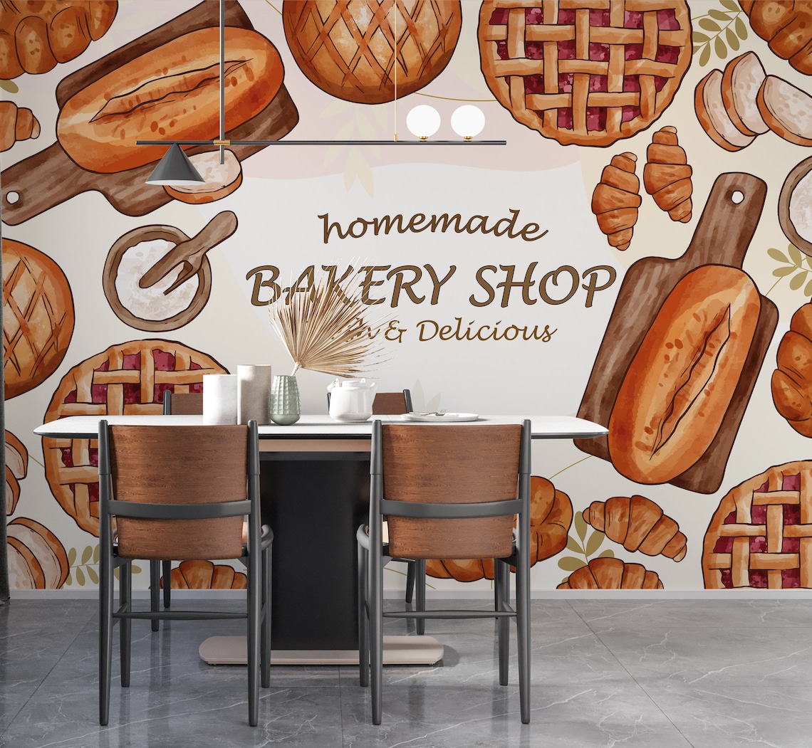 Watercolor Bakery Wallpaper. Customizable Vintage Design - Etsy