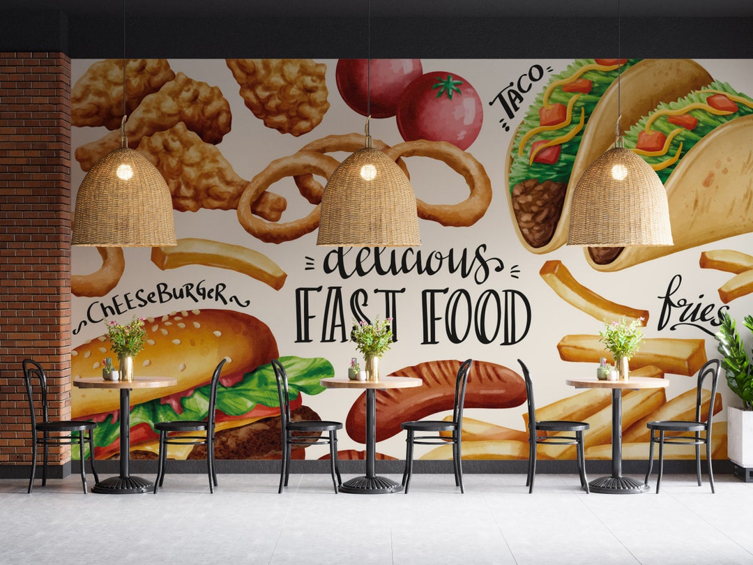Fast Food Restaurant Wallpaper. Customizable Watercolor Hamburger Cafe ...