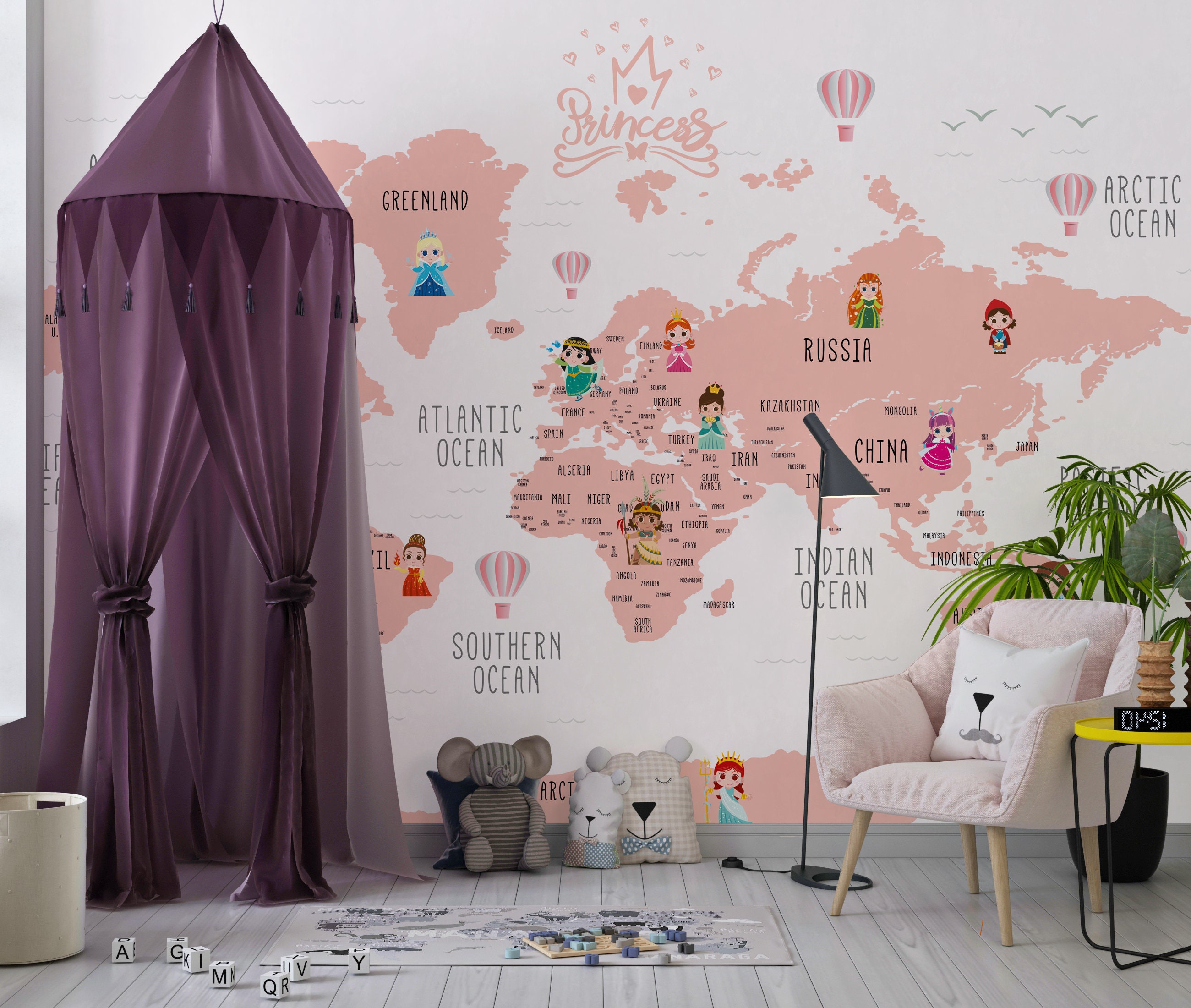 Princesses on World Tour Nursery Pink World Map Wallpaper. - Etsy