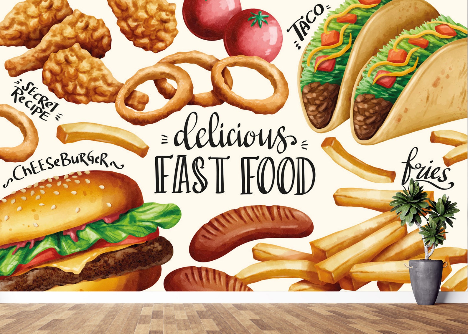 Fast Food Restaurant Wallpaper. Customizable Watercolor Hamburger Cafe ...