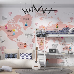 Princesses on World Tour Nursery Pink World Map Wallpaper. Customizable ...