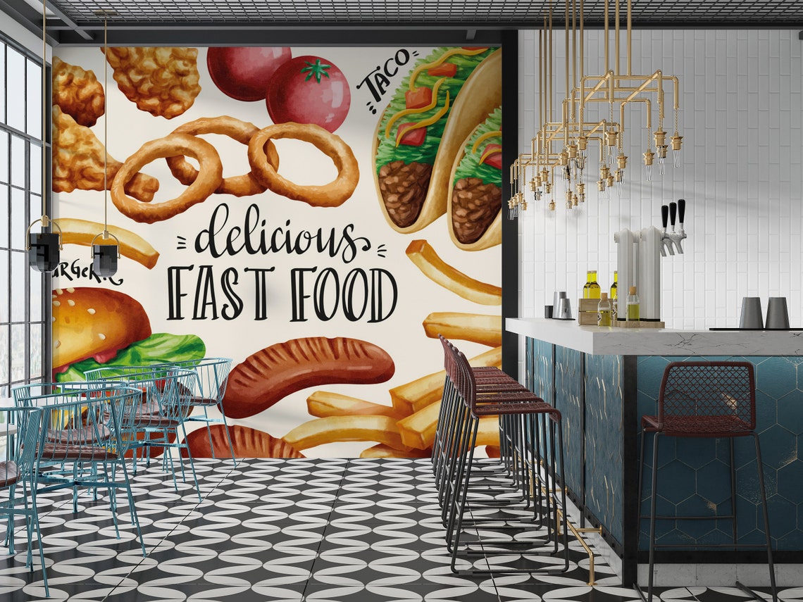 Fast Food Wallpaper Mural: Customizable Watercolor Restaurant Decor - Etsy