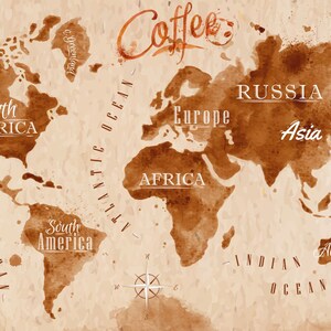Watercolor Coffee World Map Wallpaper: Cafe Wall Decor - Etsy