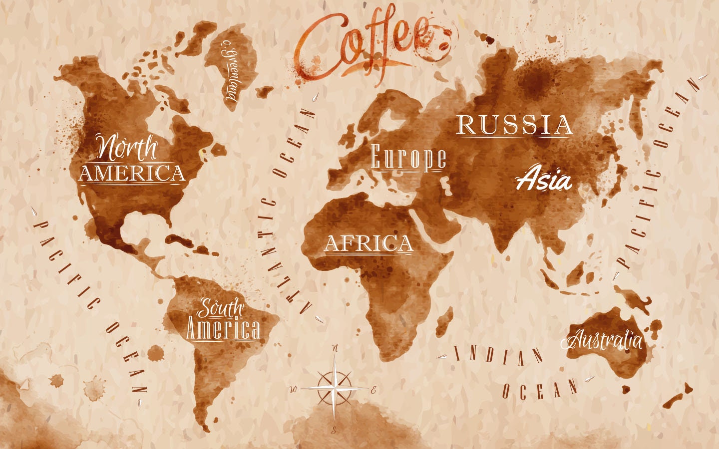 Watercolor Coffee World Map Wallpaper Coffee Shop Wallpaper Map Mural ...