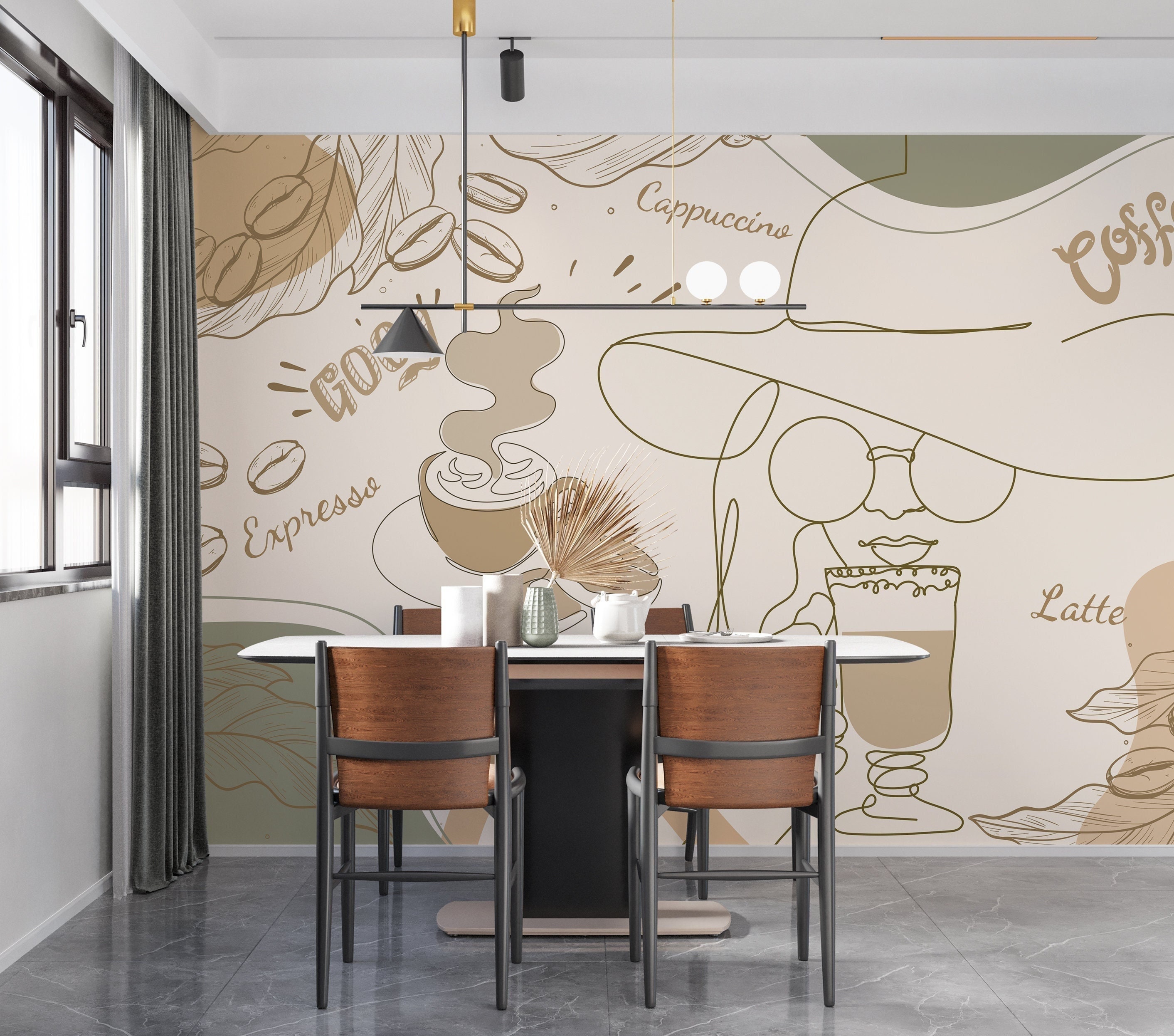 Modern Coffee Shop Wallpaper. Removable Abstract Woman Coffee Pattern ...