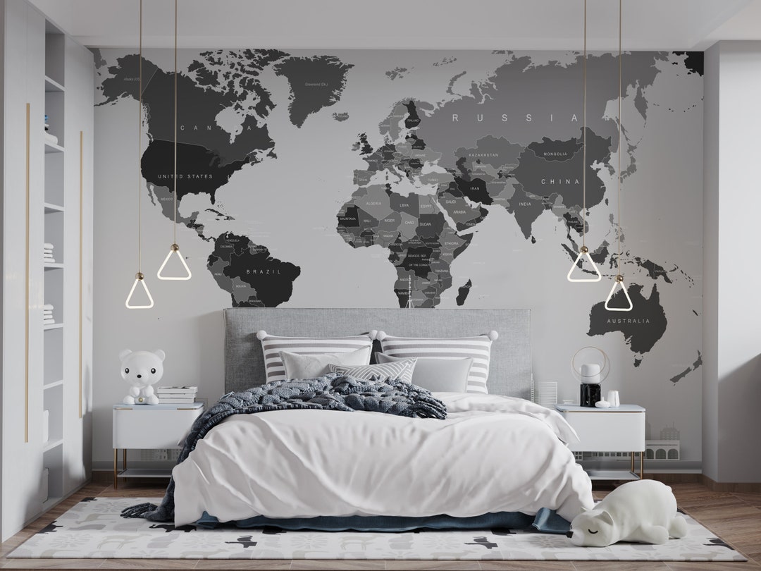 Modern World Map Wallpaper: Easy Peel & Stick Mural - Etsy