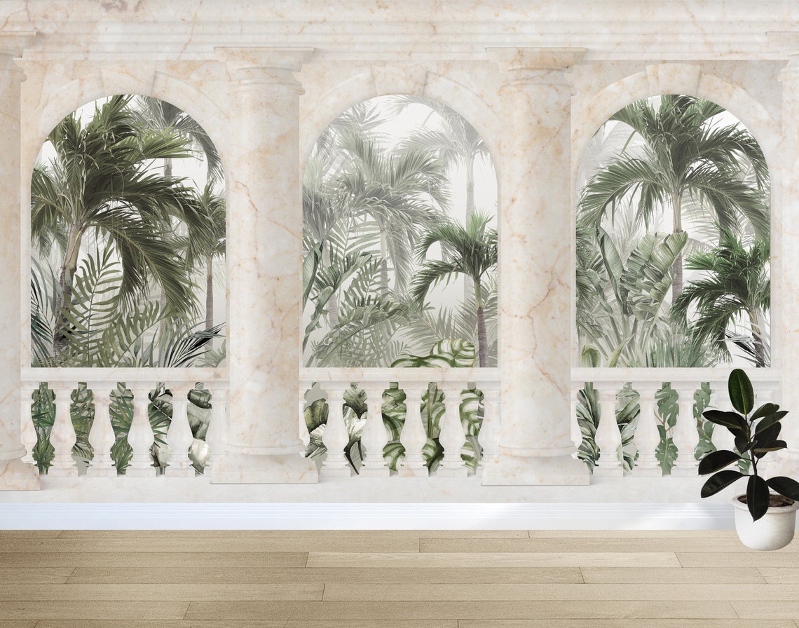 Ancient Roman Columns Wallpaper: Botanical Forest Mural - Etsy