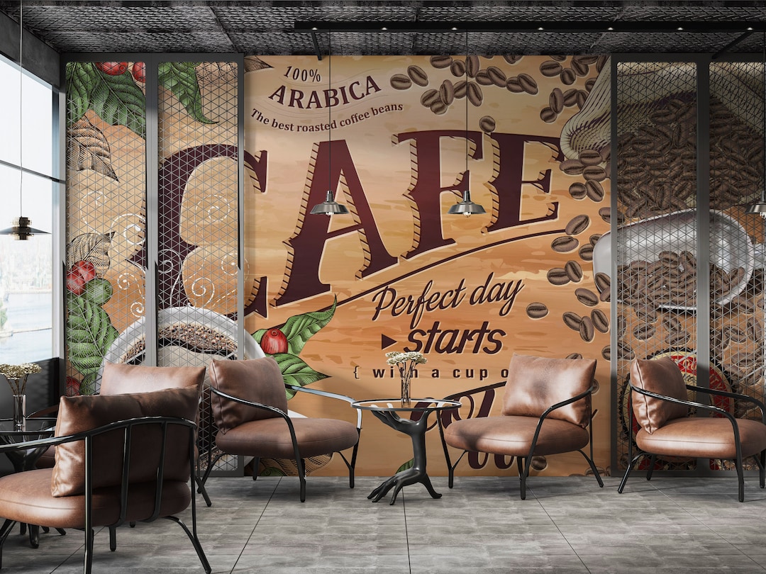Coffee Shop Wallpaper. Removable Customizable Vintage Design Coffee ...