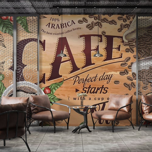 Coffee Shop Wallpaper. Removable Customizable Vintage Design - Etsy