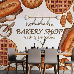 Watercolor Bakery Wallpaper. Customizable Vintage Design Patisserie ...
