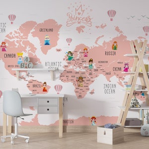 Princesses on World Tour Nursery Pink World Map Wallpaper. Customizable ...