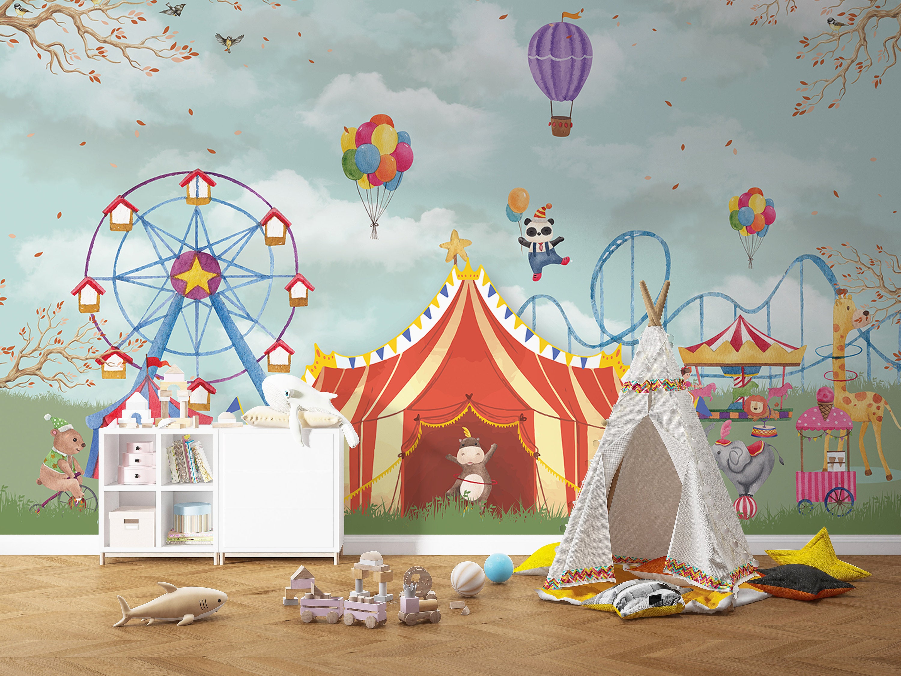 Retro Animal Circus Nursery Wallpaper. Customizable Vintage Circus ...