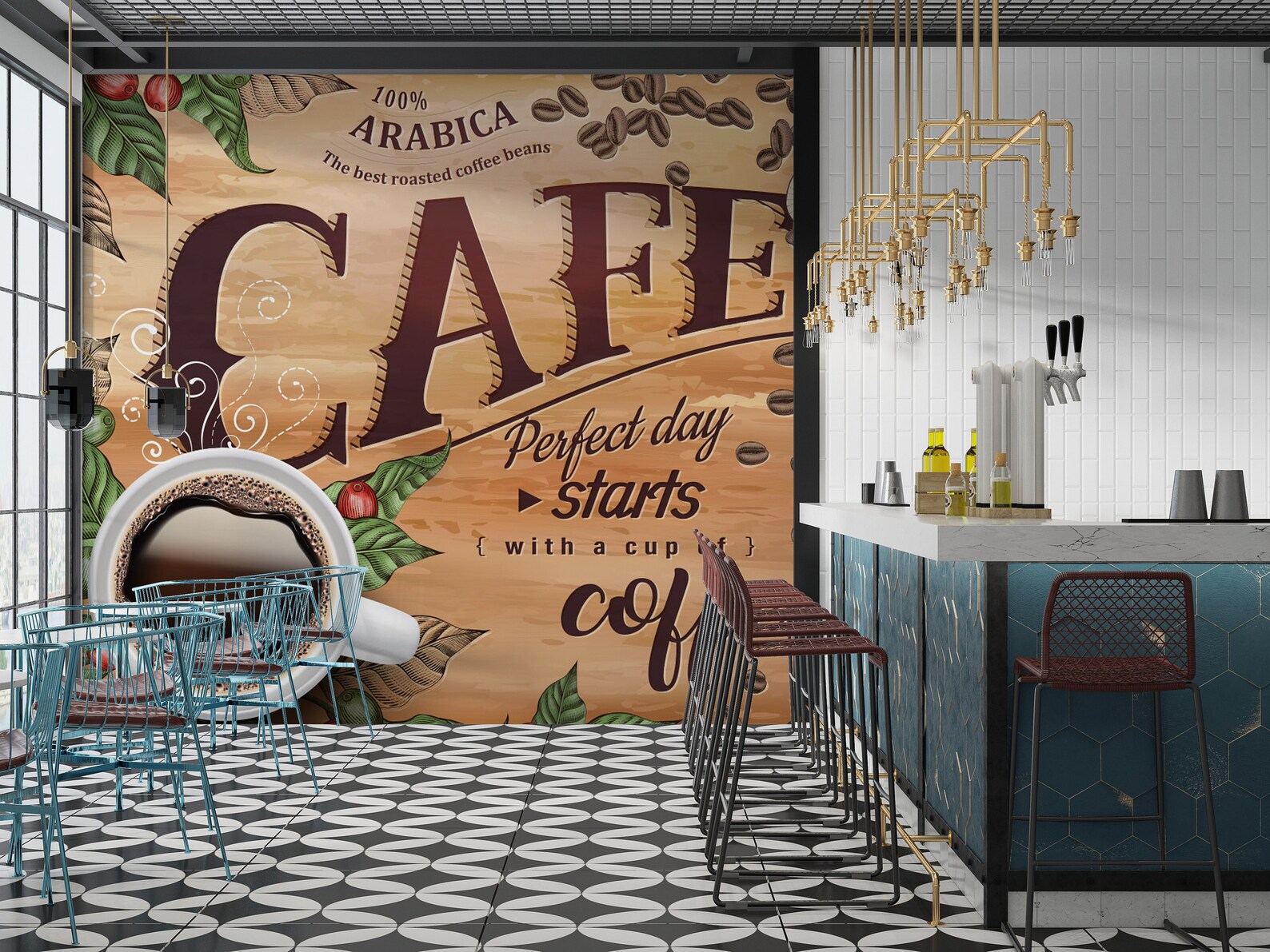 Coffee Shop Wallpaper. Removable Customizable Vintage Design Coffee ...