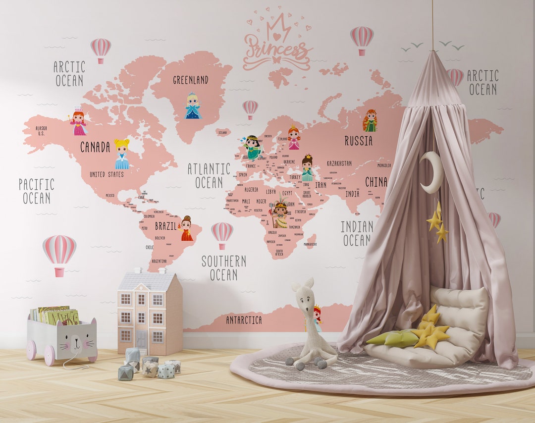 Princesses on World Tour Nursery Pink World Map Wallpaper. Customizable ...