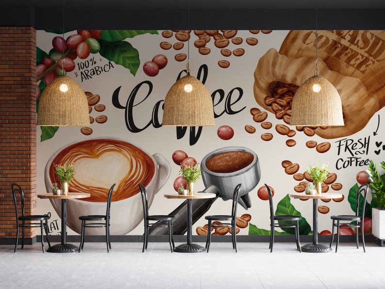 Watercolor Coffee Shop Wallpaper Mural, Customizable Cafe Decor - Etsy