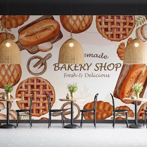 Watercolor Bakery Wallpaper. Customizable Vintage Design Patisserie ...