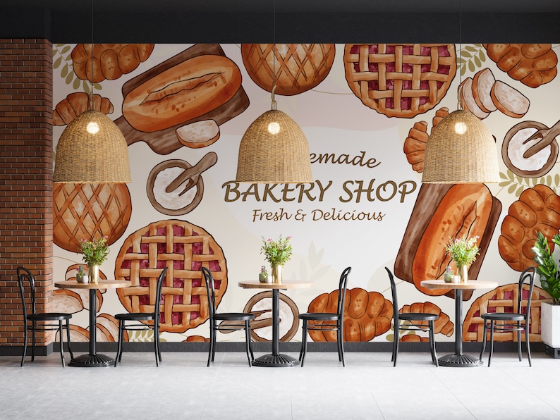 Watercolor Bakery Wallpaper. Customizable Vintage Design - Etsy
