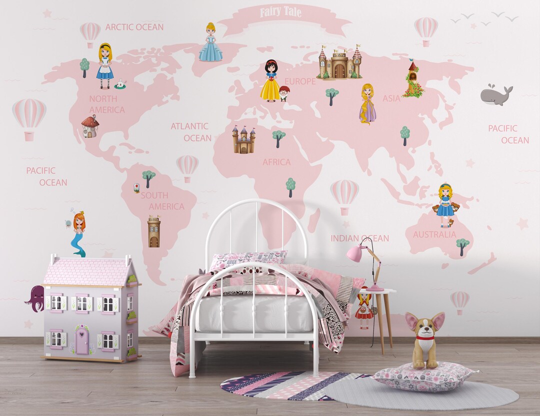 Fairy Tale World Map Wallpaper Customizable Baby Girl Room Wall Art ...