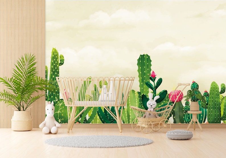 Cactus Nursery Wallpaper: Watercolor Desert Mural - Etsy