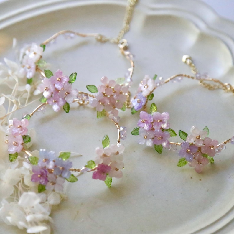 Hydrangea Bracelet, Pink Purple Flower Beads, Adjustable Floral ...