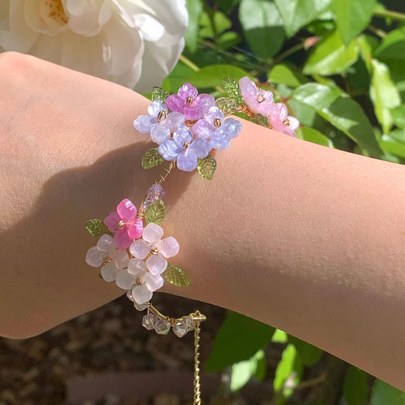 Hydrangea Bracelet, Pink Purple Flower Beads, Adjustable Floral ...