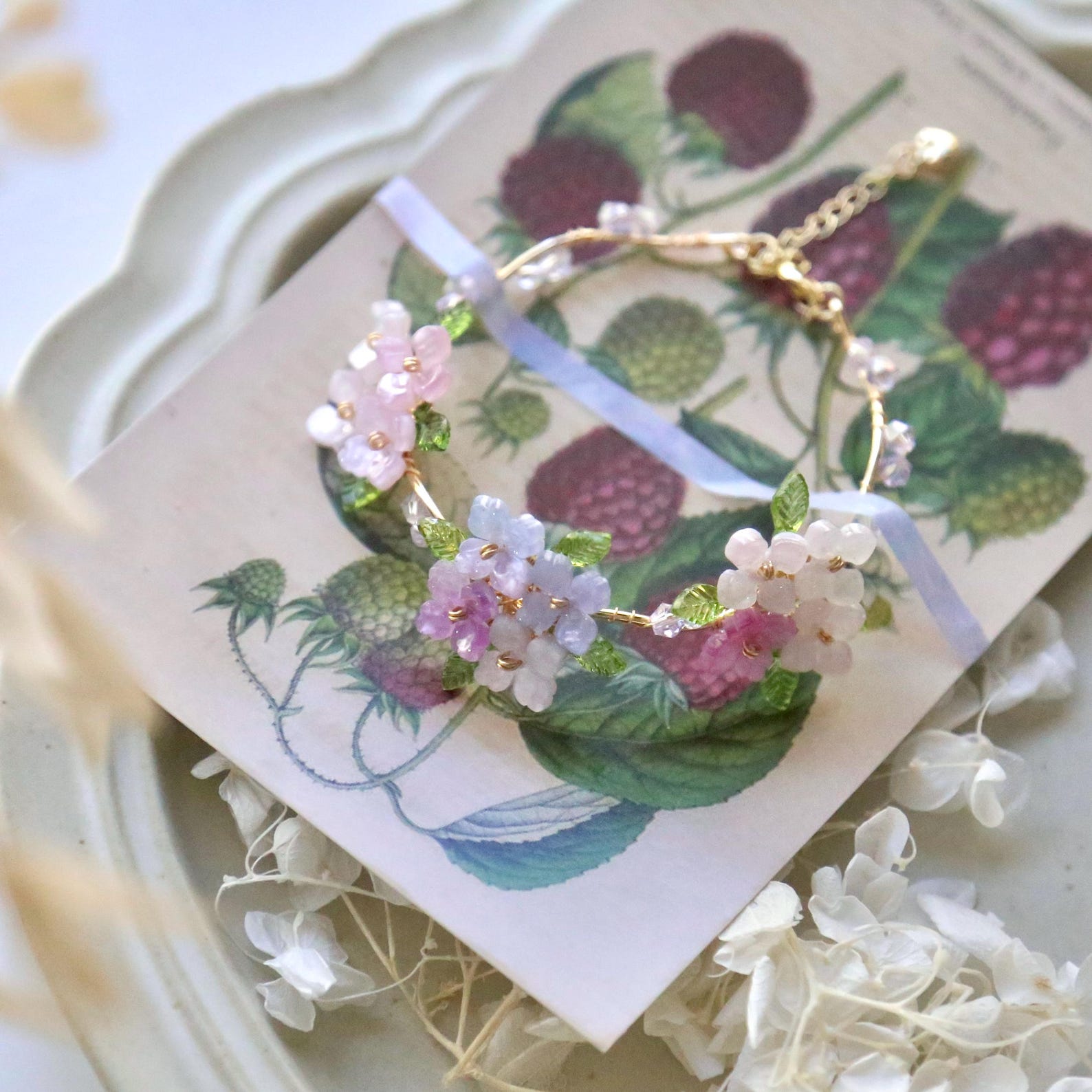 Hydrangea Bracelet, Pink Purple Flower Beads, Adjustable Floral ...