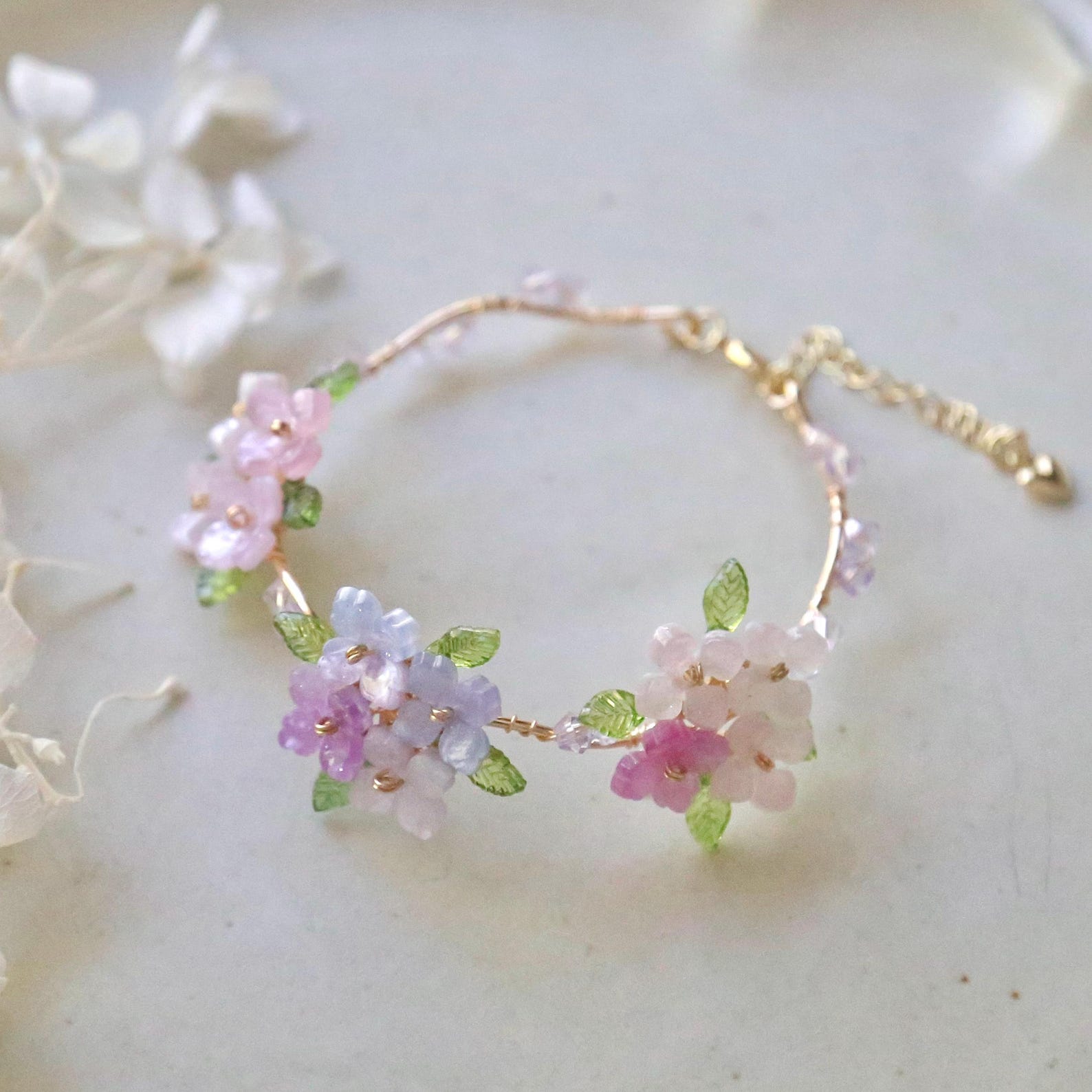 Hydrangea Bracelet, Pink Purple Flower Beads, Adjustable Floral ...