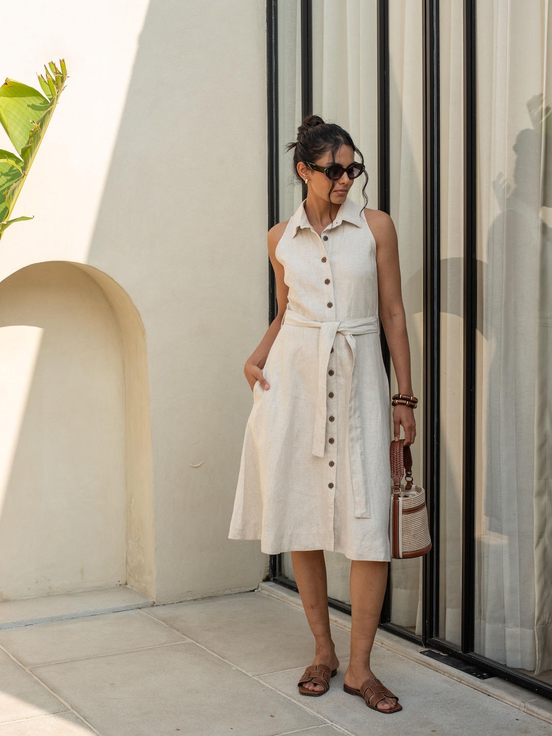 Organic Linen Sleeveless Midi Dress: Button-front Summer Dress With ...
