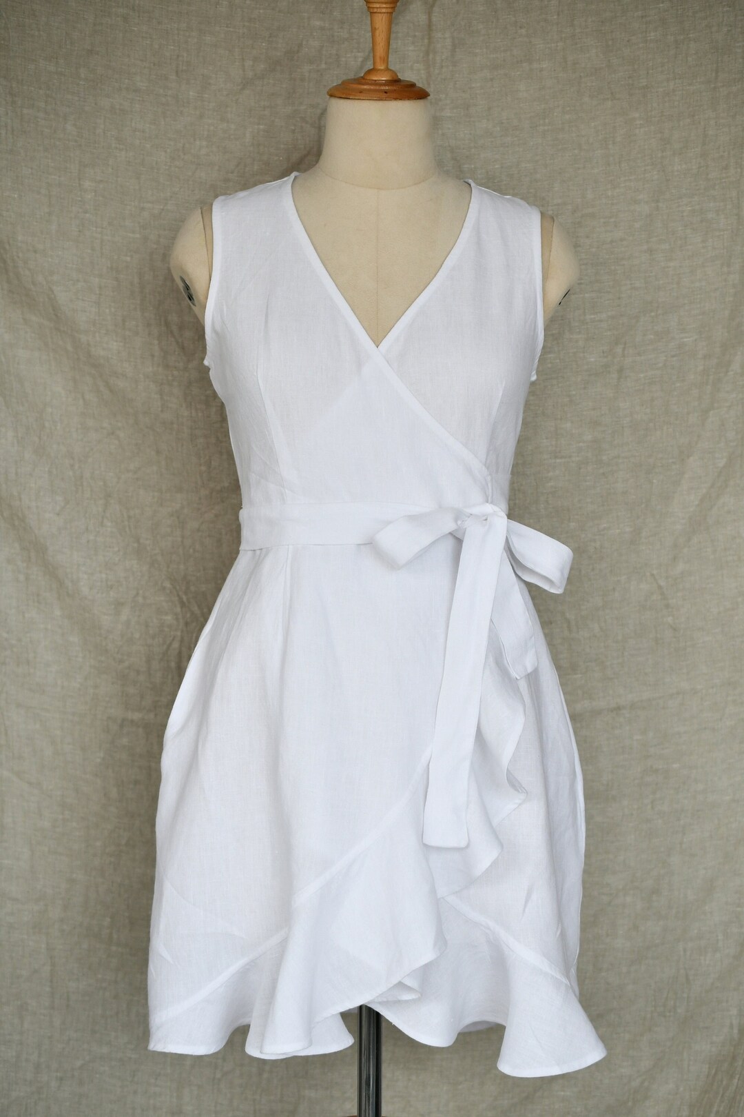 White Linen Wrap Dress: Sleeveless Tunic With Frills & Pockets - Etsy