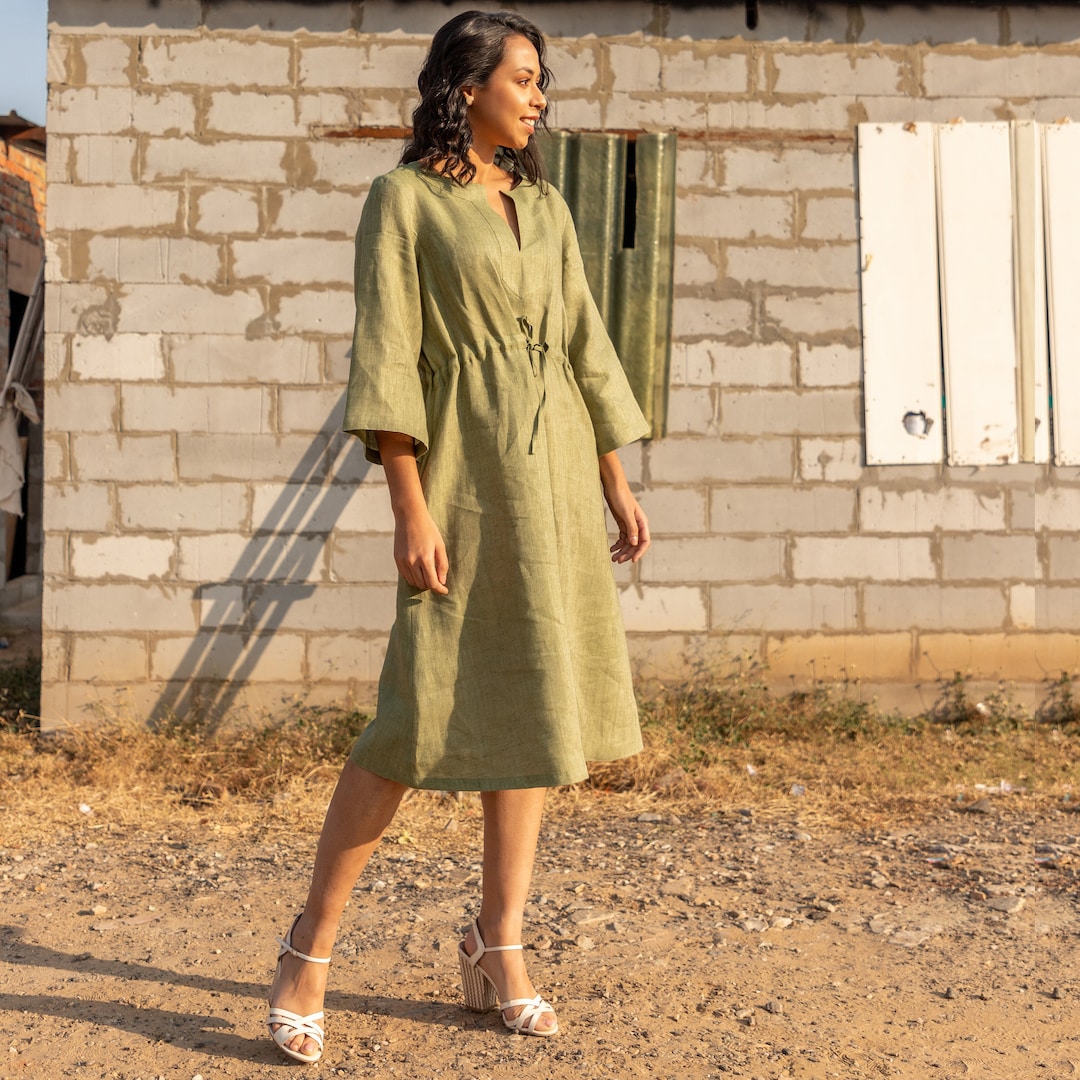 Sage Green Linen Tunic Dress: Empire Waist Kaftan With Pockets - Etsy