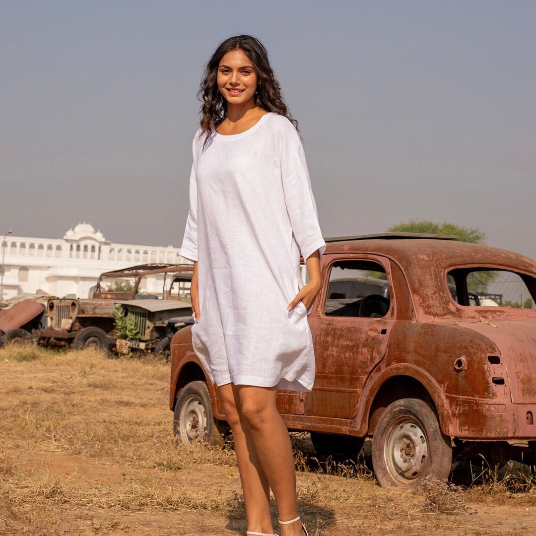 Oversized White Linen Tunic Dress: Batwing Sleeve, Plus Size - Etsy