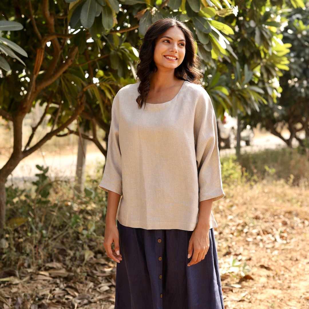 Beige Linen Top: Oversized Organic Shirt With Batwing Sleeves - Etsy