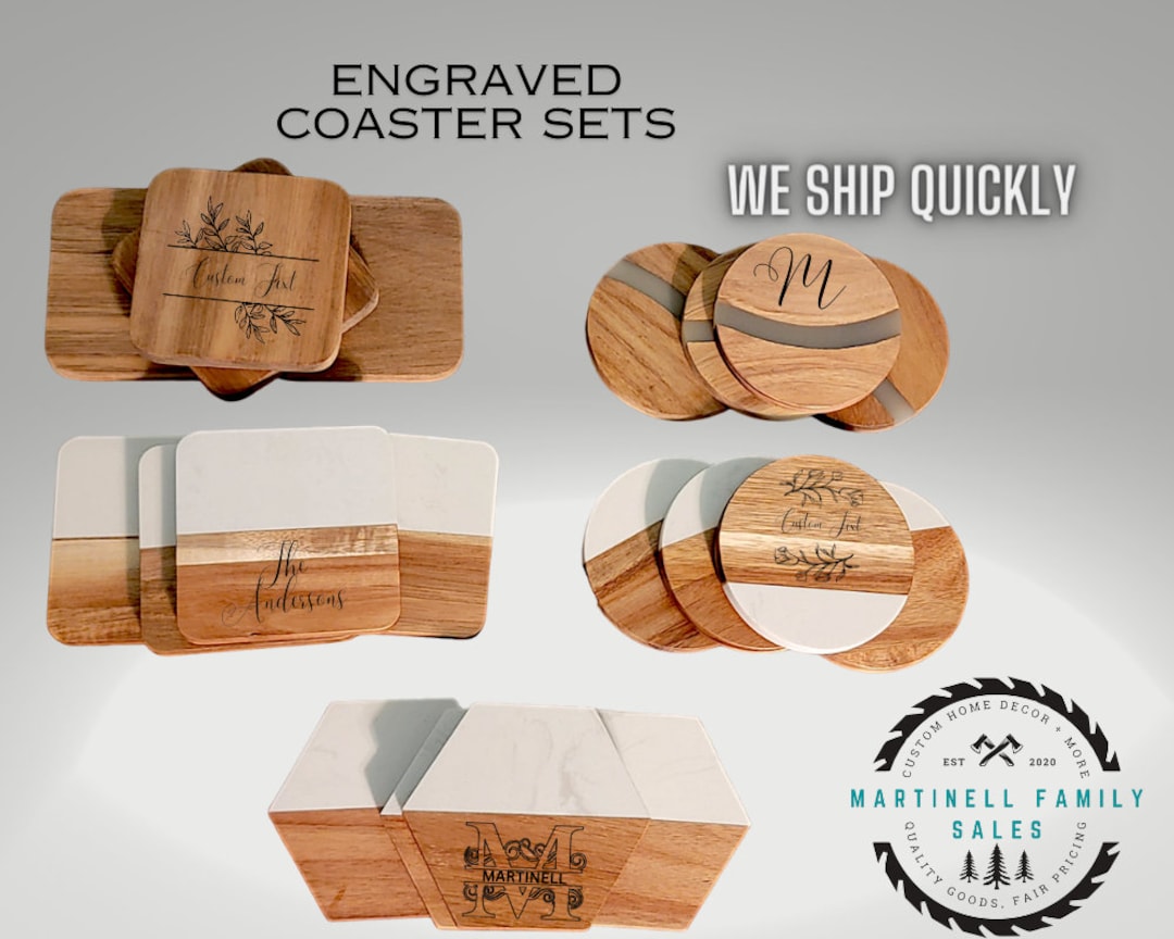 Custom Engraved Marble Wood Coaster Set, Personalized Gift for ...