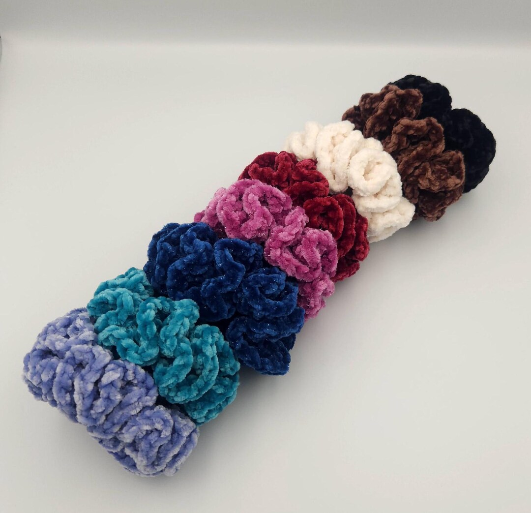 Crochet Velvet Scrunchies- Handmade- Chunky Hair Tie- Soft Ruffled ...