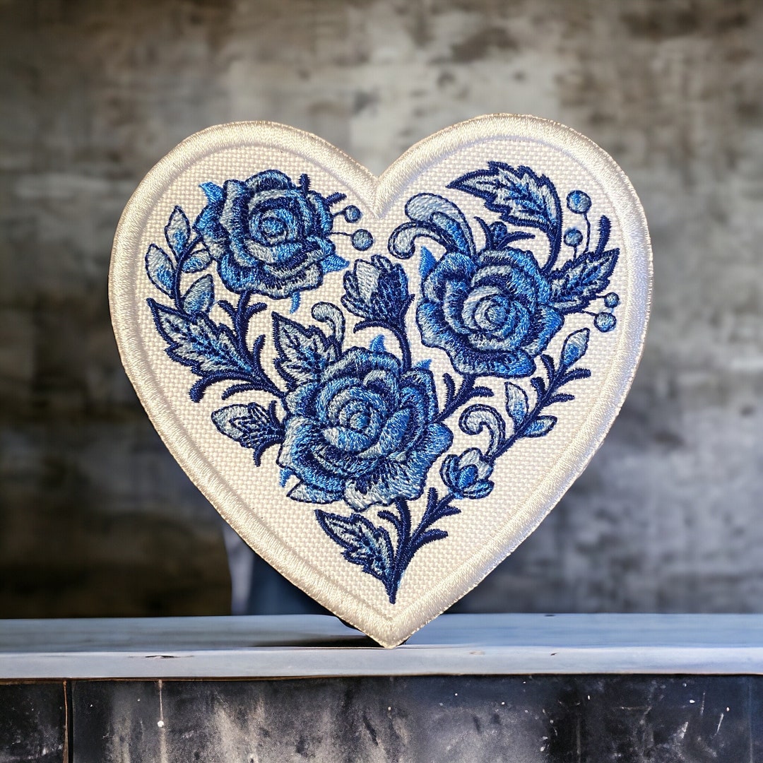 Delft Blue Rose Heart Patch - Floral Iron on Applique - Etsy