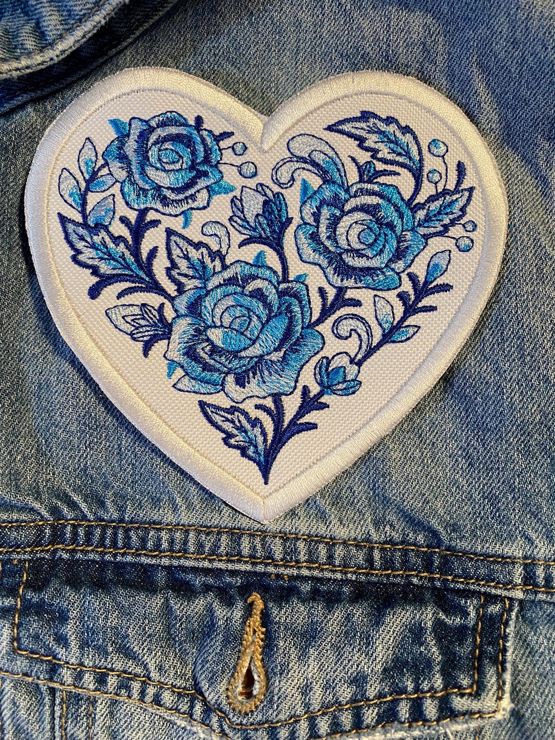 Delft Blue Rose Heart Patch - Floral Iron on Applique - Etsy
