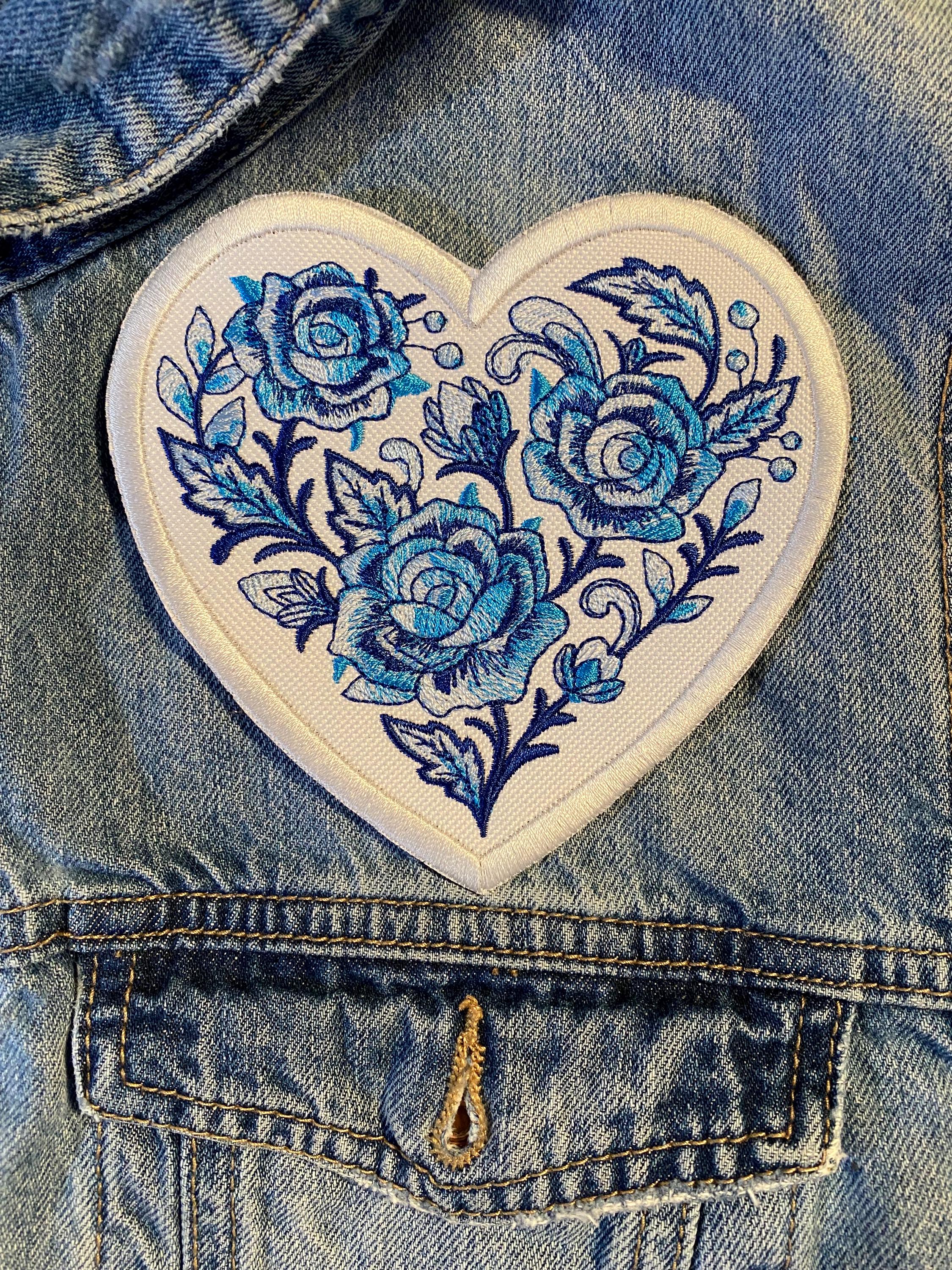 Delft Blue Rose Heart Embroidered Patch Floral Vintage - Etsy