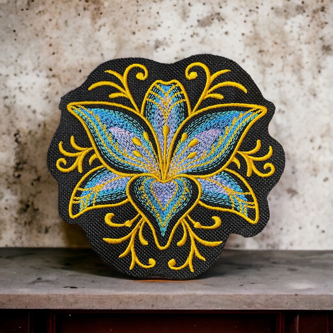 Gilded Mirage Lily Embroidered Patch, Spring Floral Elegance, Iron on or Sew On, Multiple Sizes ...