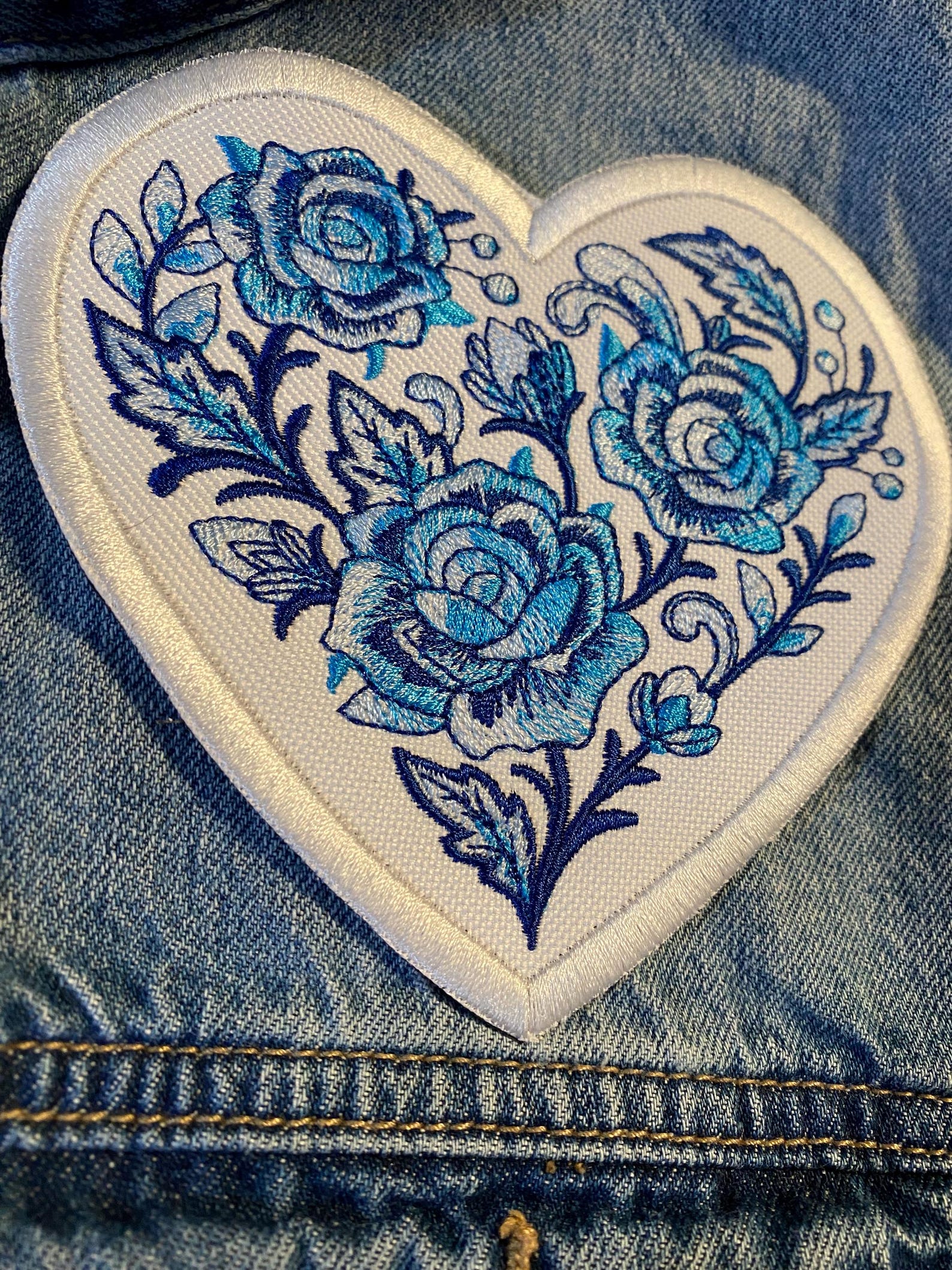 Delft Blue Rose Heart Patch - Floral Iron on Applique - Etsy