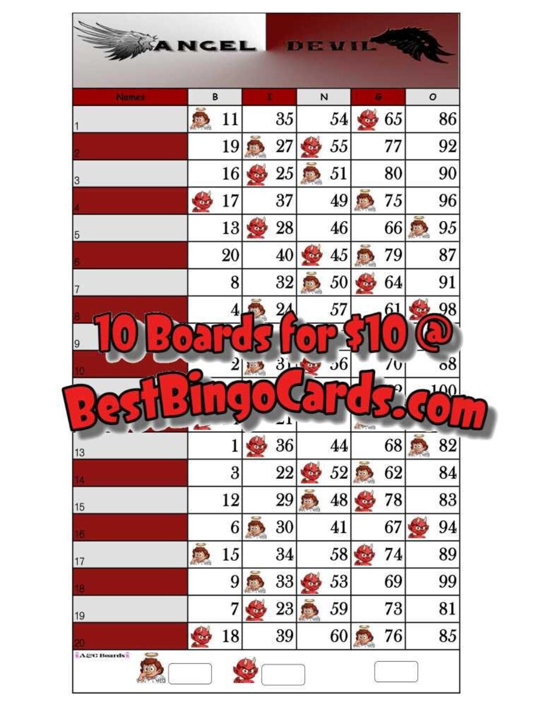 Bingo Boards 1-20 Lines - Angel Vs Devil - Straight, Mixed, 100 Ball - Etsy