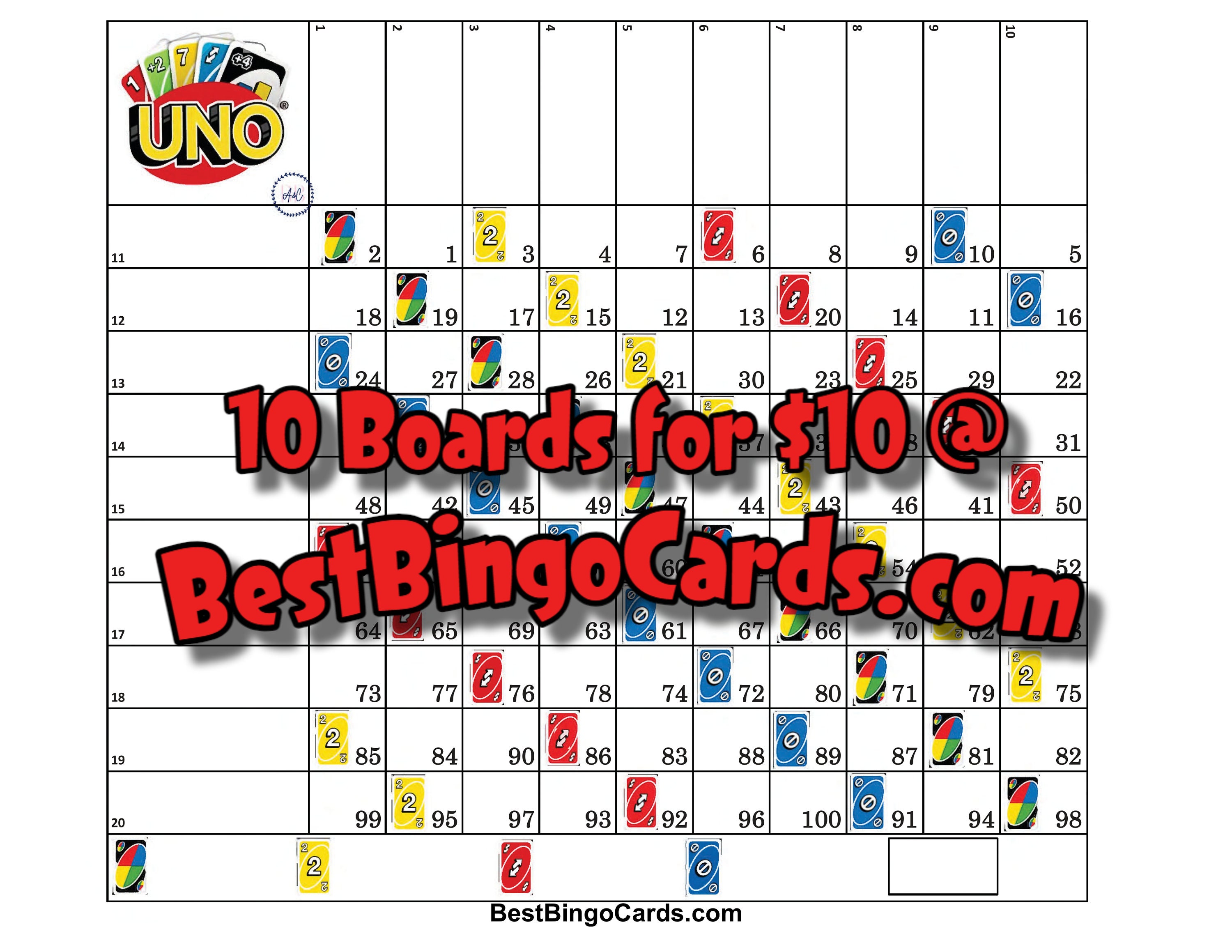 Bingo Boards 1-20 Player Grid - Colorful Cards - Straight, Mixed, 100 ...