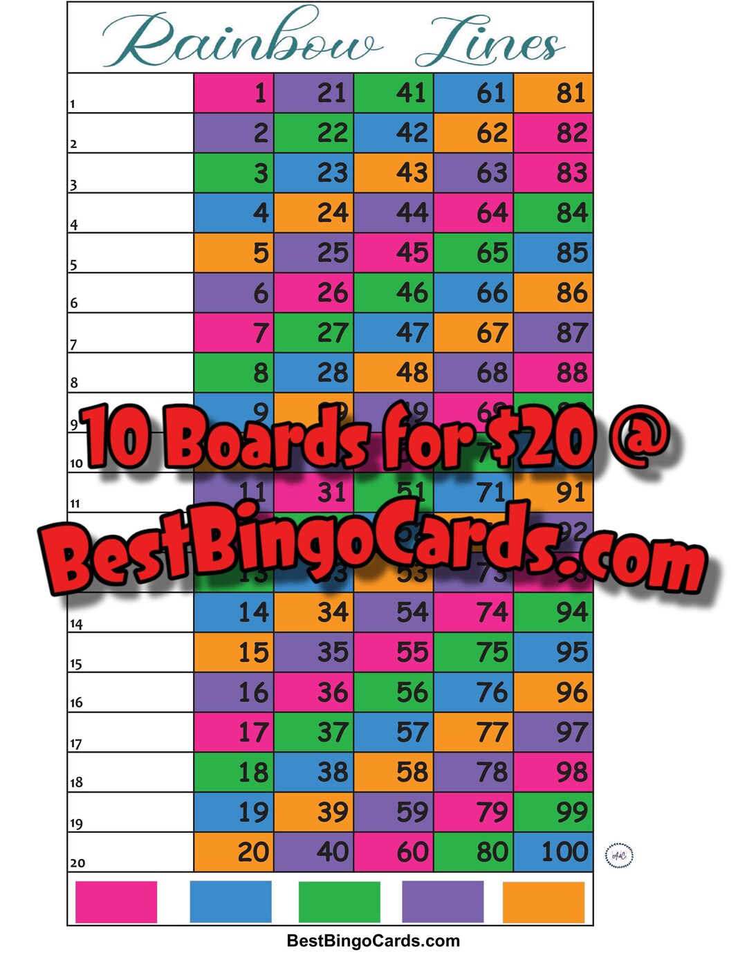 Bingo Boards 1-20 Lines - Rainbow Lines - Straight, Mixed, 100 Ball - Etsy