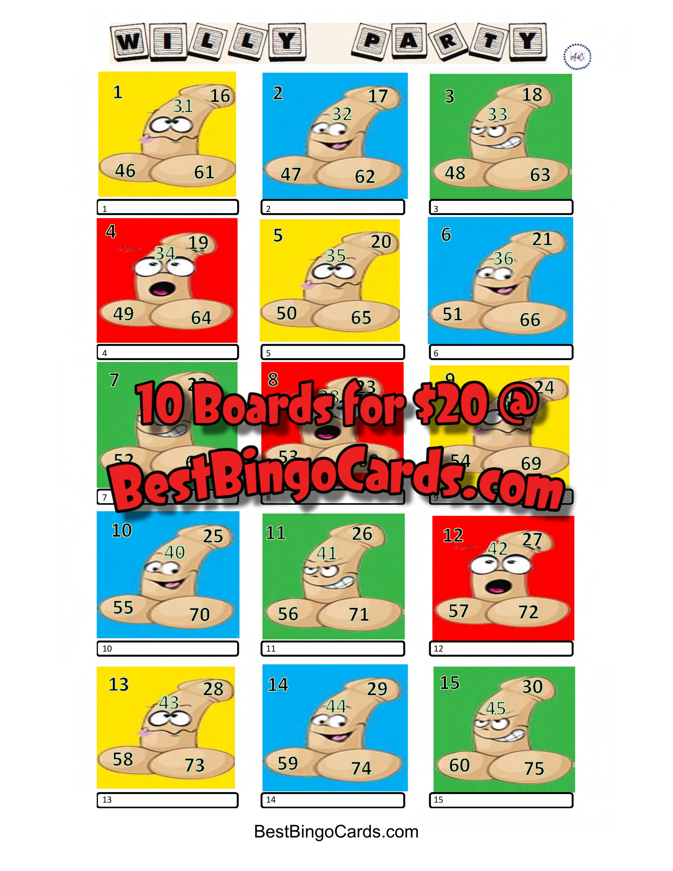 Bingo Boards 1-15 Player Picture - Willy Party - Straight, Mixed, 75 ...