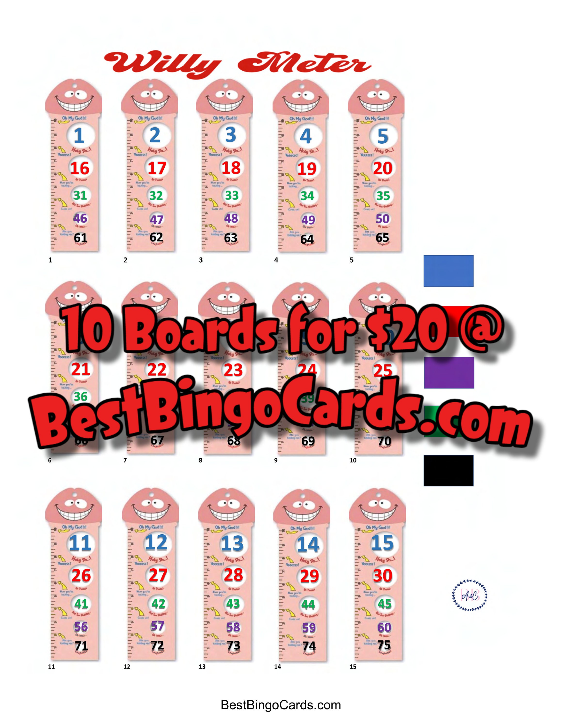 Bingo Boards 1-15 Player Picture Willy Meter Straight, Mixed, 75 Ball ...