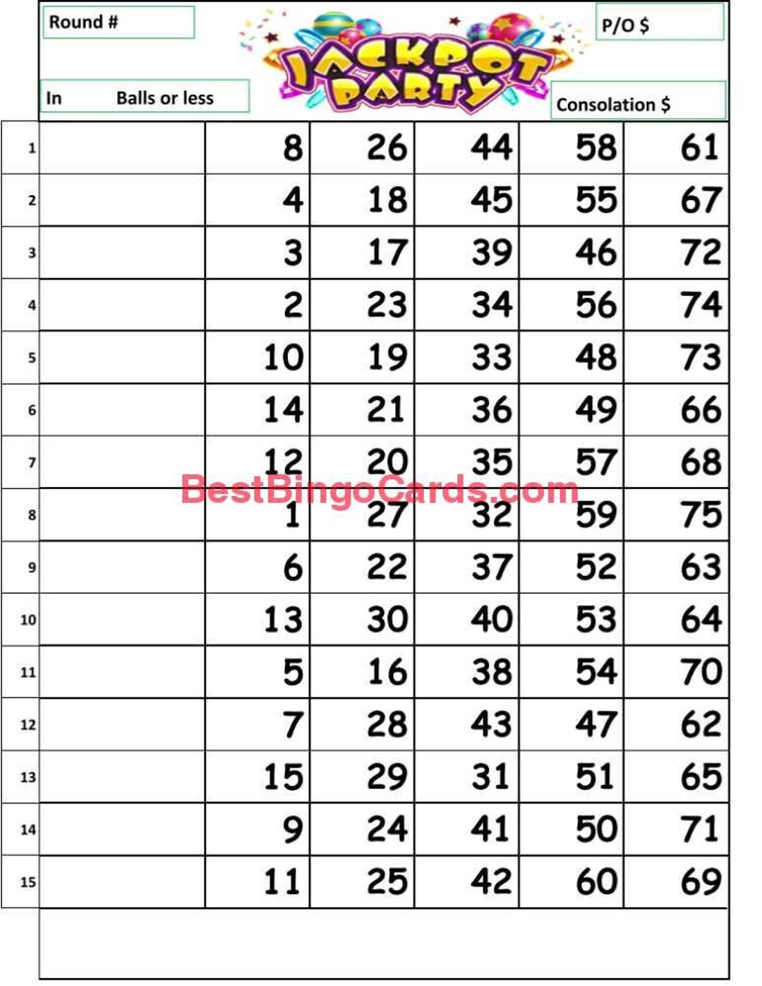 Bingo Boards 1-15 Lines - Jackpot Party - Straight, Mixed, 75 Ball - Etsy