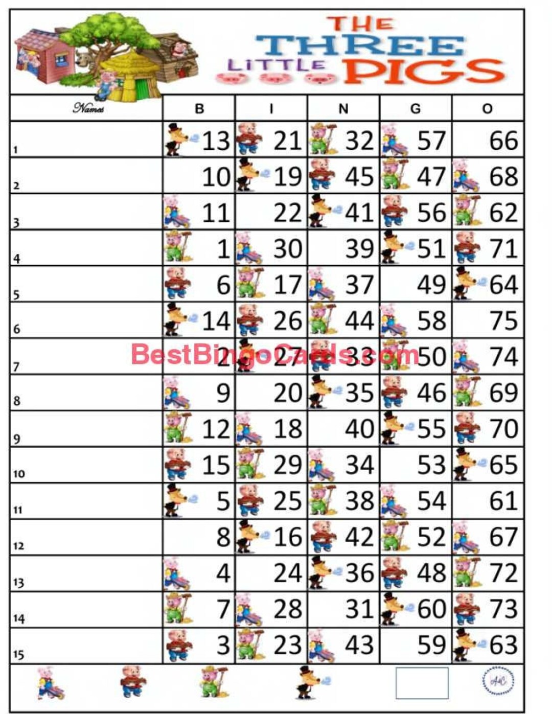 Bingo Board 1-15 Lines - 3 Little Pigs - Straight, Mixed, 75 Ball - Etsy
