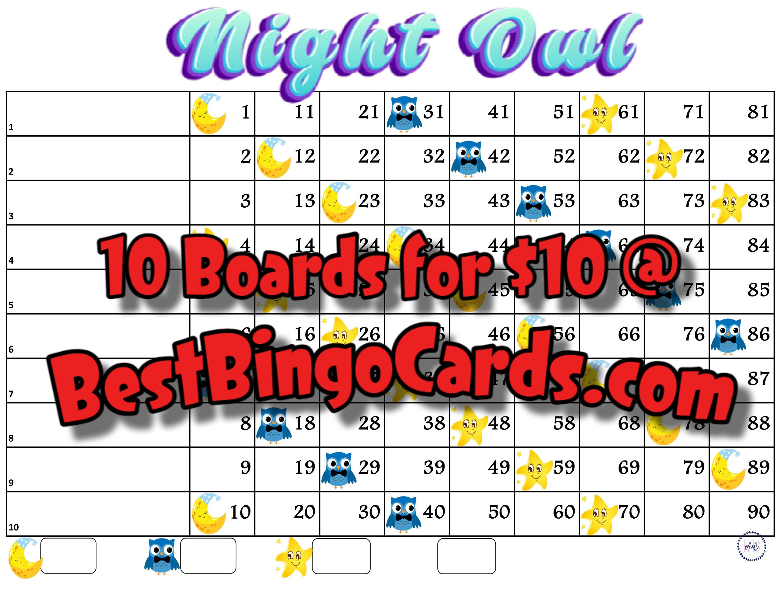 Bingo Boards 1-10 Lines - Night Owl Bingo - Straight, Mixed, 90 Ball - Etsy