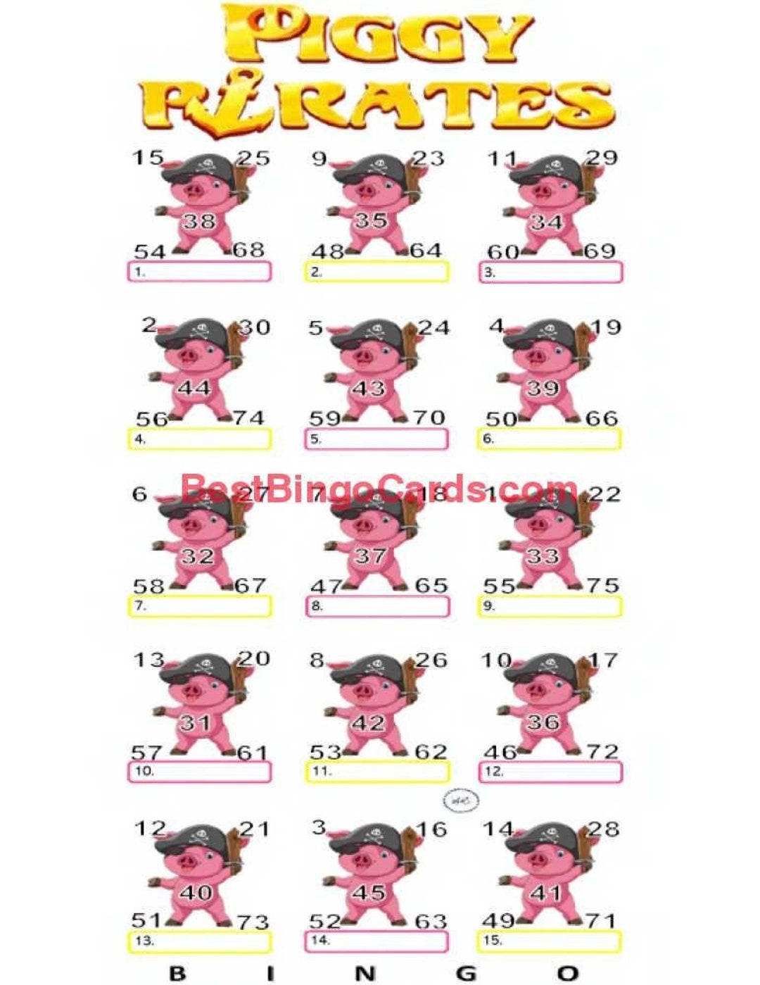 Bingo Boards 1-15 Player Picture - Piggy Pirates - Straight, Mixed, 75 ...